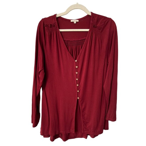JODIFL | Tops | Jodifl Red Button Front V Neck Gathered Top Women M ...